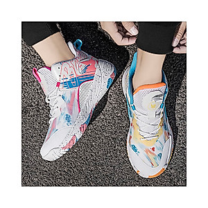 BROHN Men's Women's Basketball Shoes Ultra-Light high-top Fashion Anti-Slip Breathable Sneakers (Orange+Pink, Adult, Women, 7, Numeric, US Footwear Size System, Medium)