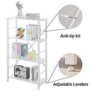 EXCEFUR Rustic Bookshelf and Bookcase, Industrial Metal and Wood Book Shelves, 4-Tier Shelving Unit for Living Room Bedroom, White Oak