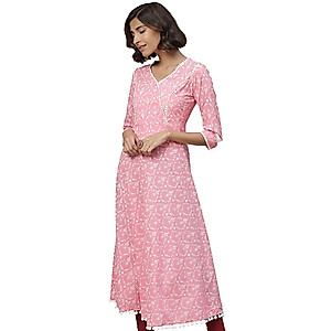Yash Gallery Women's Cotton Floral Print Anarkali Kurtis (Light Pink)