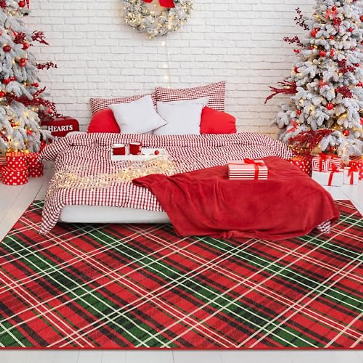 CAREMEE Plaid Merry Christmas Area Rug 6' x 4' Red Indoor Non-Slip Washable Retro Christmas Home Decor Living Room Bedroom Fireplace Children's Play Area Entryway Gift