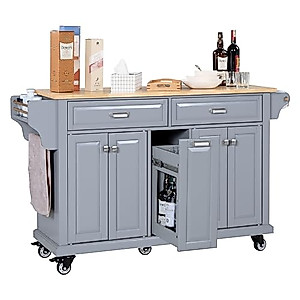 Cambridge Rolling Kitchen Island on Wheels Utility Cart with Spice and Towel Racks and Rubber Wood Countertop, Storage Drawers, Door Cabinets, Gray