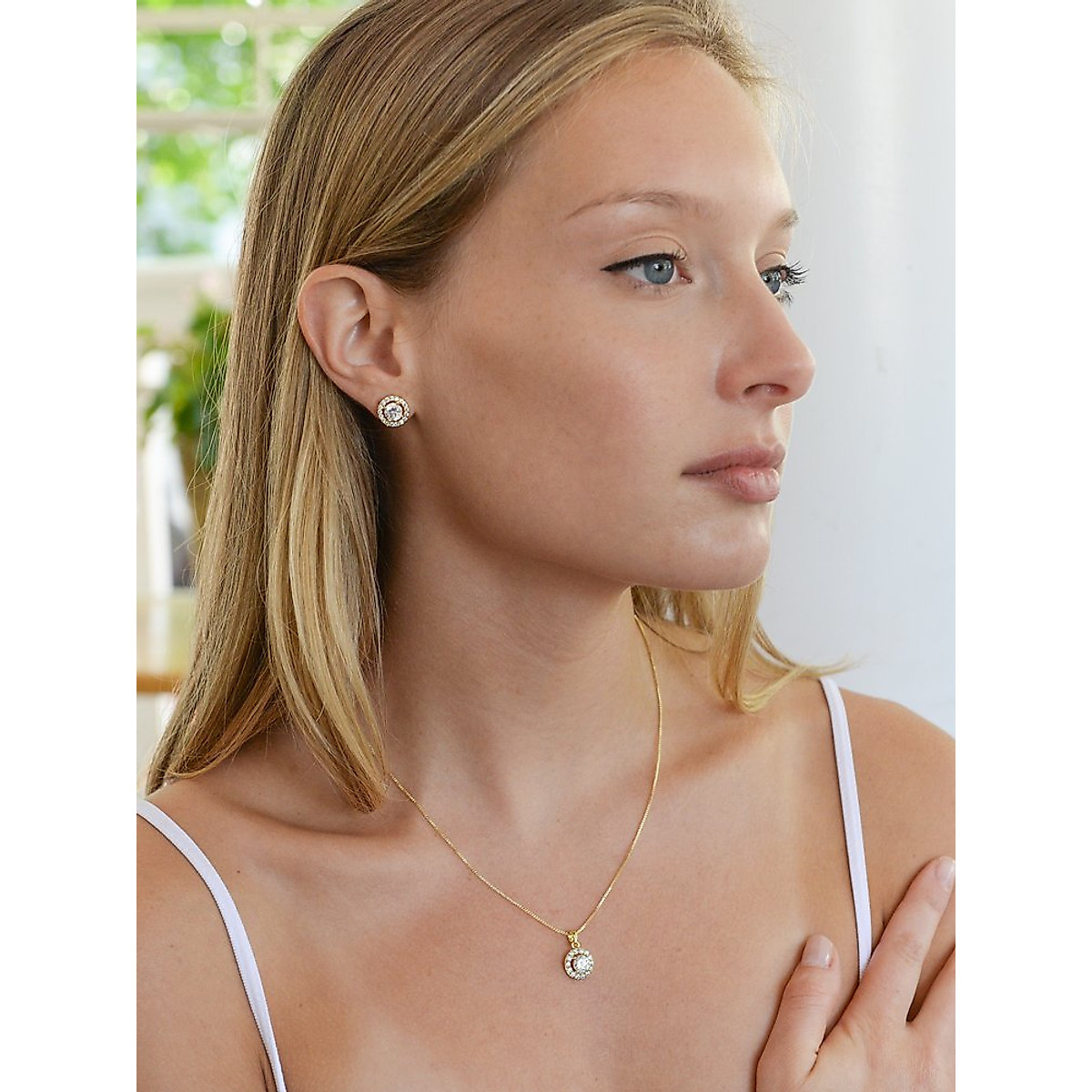 Mariell Bridal Wedding Necklace Set, Cubic Zirconia Pendant Necklace and Stud Earrings, Gold Jewelry Set