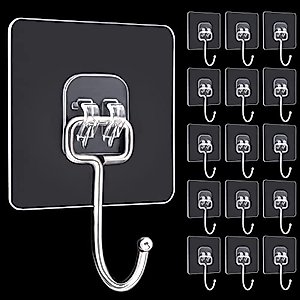 Large Adhesive Hooks, 16 Pack Heavy Duty Hold 44lb(Max) Sticky Hooks, Waterproof and Rustproof Wall Hooks for Hanging, Self-Adhesive Traceless Clear Wall Hooks to Use for Kitchen Bathroom Home Office