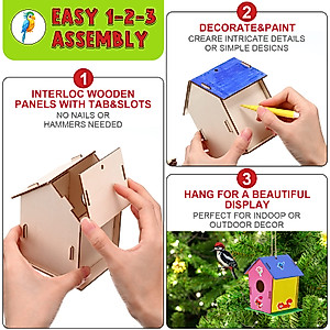 107 Pcs Wooden Birdhouse DIY Kits, Includes 21 Unfinished Wood Mini Bird House 24 Watercolor Pen 50 Bird Butterfly Flower Slices 12 Cute Animal Stickers for Kids Adults DIY Craft Making Supplies