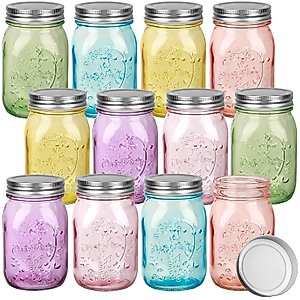 Pinkunn 12 Pcs 16 oz Colored Mason Jars with Lids Bulk, Vintage Color Glass Mason Jars for Storage Airtight Regular Mouth Canning Jar Multifunction Glass Container for Fermenting Jelly DIY Crafts
