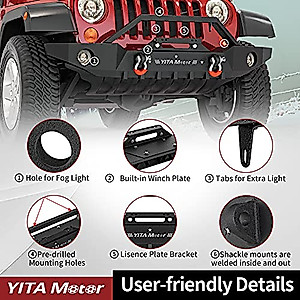 YITAMOTOR Front & Rear Bumper Compatible for Jeep Wrangler 2007-2018 JK & JKU Unlimited (2/4 Doors) w/LED Light & 2 x D-Rings & Winch Plate & Fog Holes & 2" Hitch Receiver