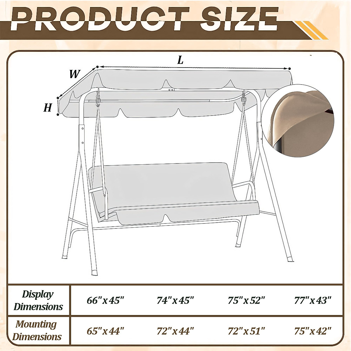 JNTKE Porch Swing Canopy, 66"X 45" Replacement Waterproof Swing Top Cover, 300D 3 Seater Durable Sun Shade Patio Awning for Outdoor Garden Patio Yard Park Porch Seat Furniture, Khaki