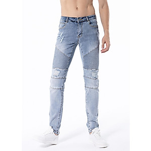 ZLZ Slim Fit Biker Jeans, Men's Super Comfy Stretch Skinny Biker Denim Jeans Pants, Size 36 (Light Blue)