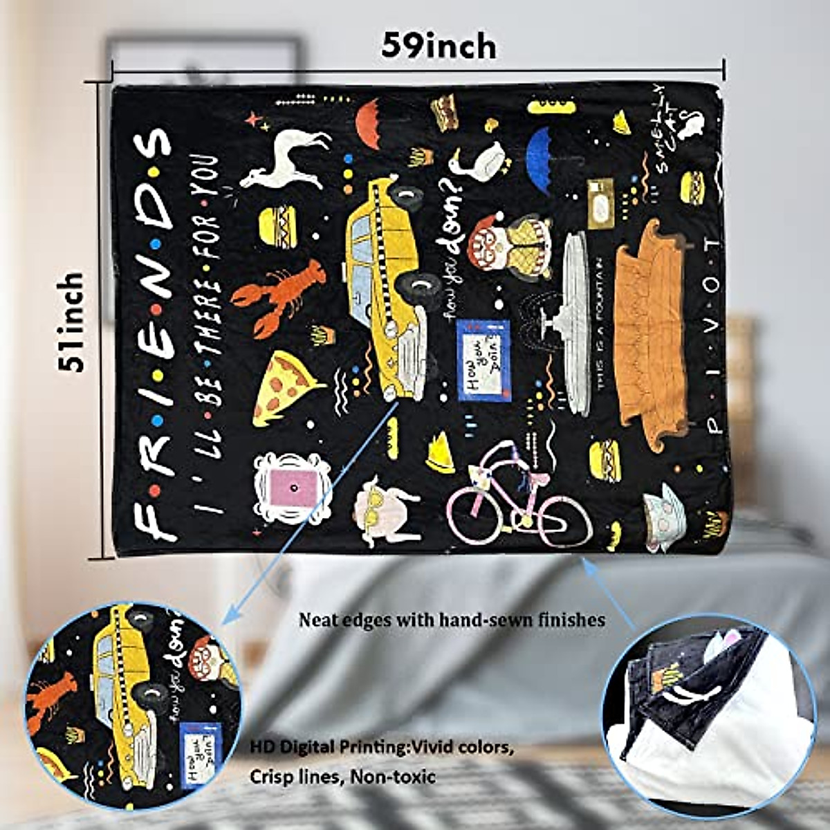 Friends Blanket,Friends TV Show Gifts,Friends TV Show Merchandise,Double Sided Print Throw Soft Warm Lightweight Blanket for Friends Fans Birthday Christmas,Home Living Room Decor Black 51"x59"