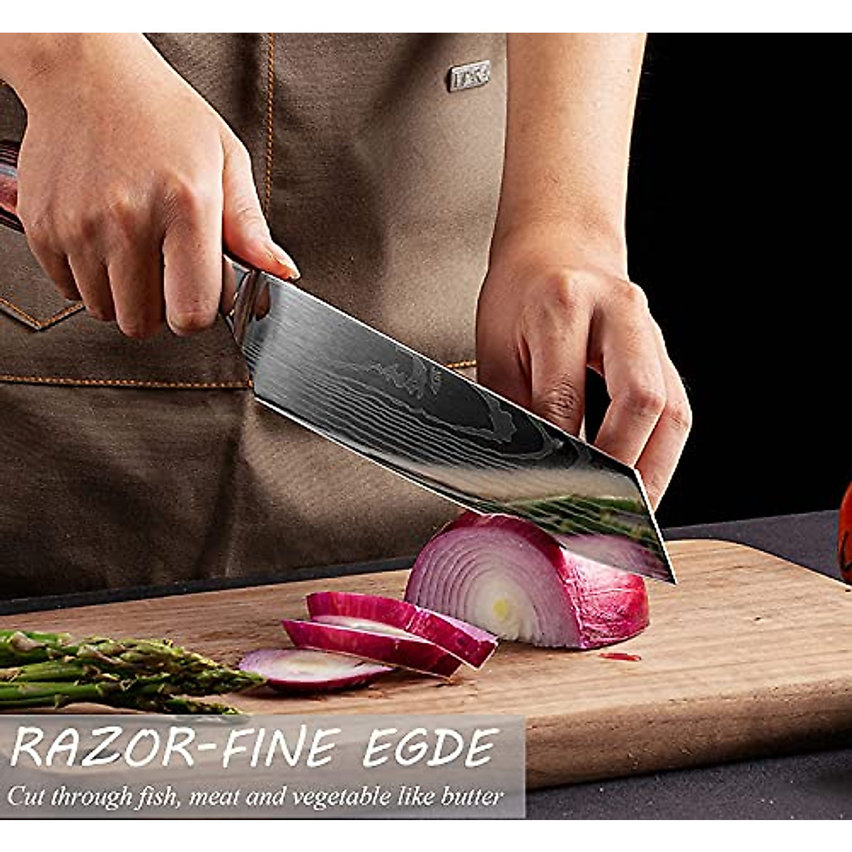 Kitory Kiritsuke Chef Knife 8" - Japanese Traditional Kitchen Knives for slicing meats and Vegetables - Ergonomic PakkaWood Handle - Laser Etched Waved Pattern
