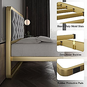 Feonase Twin Metal Bed Frame, Heavy Duty Platform Bed Frame with Steel Slats, Velvet Upholstered Headboard, 12" Storage Space, No Box Spring Required, Noise Free, Easy Assembly, Golden and Gray