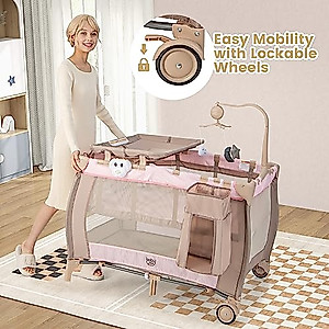 Costzon 3 in 1 Pack and Play with Bassinet, Portable Baby Playard with Changing Table, Bassinet, Music Box, Whirling Toys, Wheels/Brake, Large Basket, Bag, Foldable Travel Crib for Indoor Outdoor