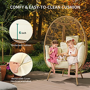 YITAHOME Egg Chair Wicker Outdoor Indoor, Oversized Lounger with 370lbs Capacity Large Egg Chairs with Stand Cushion Egg Basket Chair for Patio, Balcony, Bedroom - Beige