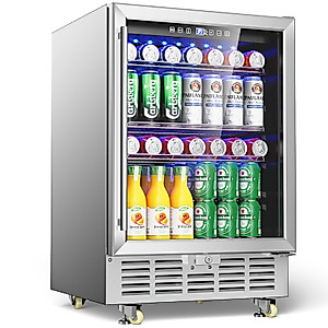 Outdoor Refrigerator, Stainless Outdoor Fridge for Outdoor Kitchen and Patio, Built-in/Freestanding 24 Inch Undercounter Refrigerators with Wheels, 190 Cans Outdoor Beverage Refrigerator Lockable