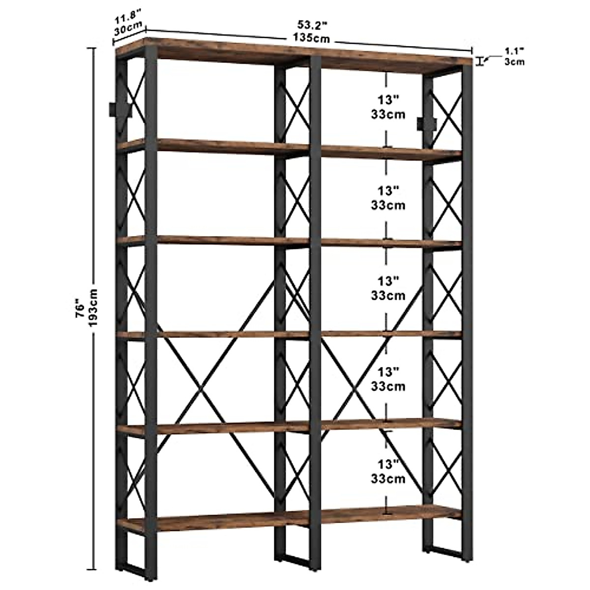IRONCK Bookshelf Double Wide 6-Tier 76" H, Open Large Bookcase, Industrial Style Shelves, Wood and Metal Bookshelves for Home Office, Easy Assembly