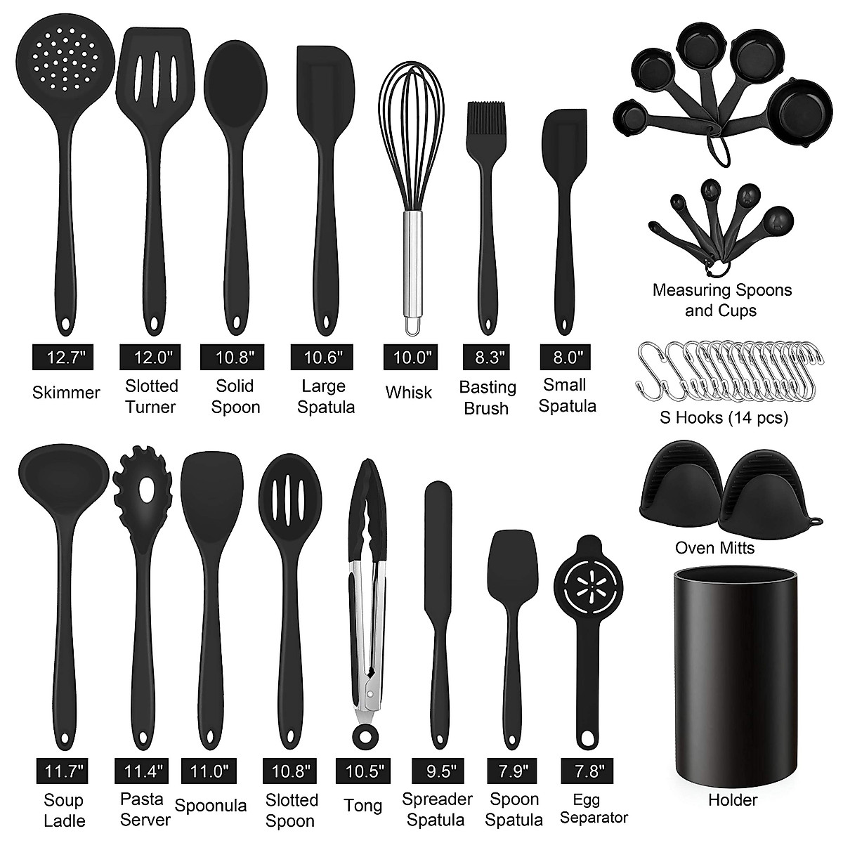 Homikit 42 Pieces Black Kitchen Cooking Utensils Set with Holder, Nonstick Silicone Utensil Spatula for Cooking, Heat Resistant Kitchen Tools Spoon Turner Whisk for Cookware, Dishwasher Safe