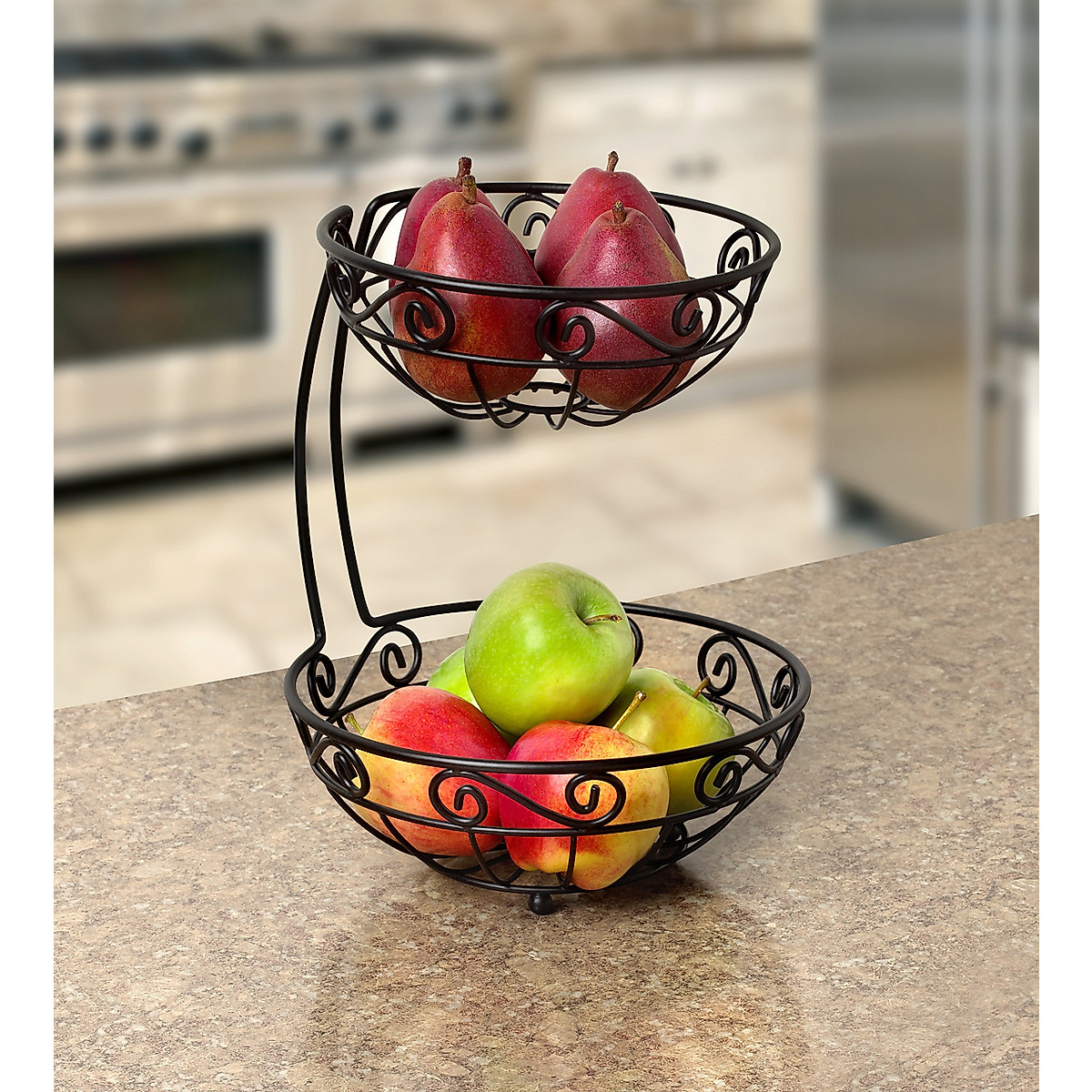 Spectrum Scroll Fruit Stand 2-Tier (Black) - Kitchen Counter Organizer for Produce & Food Storage