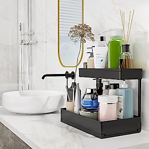 2 Pack Under Sink Organizers and Storage, 2 Tier Pull Out Cabinet Organizer Sliding Cabinet Basket Organizer Bathroom Kitchen Storage with Siding Drawers Multi-Purpose Office Organization and Storage