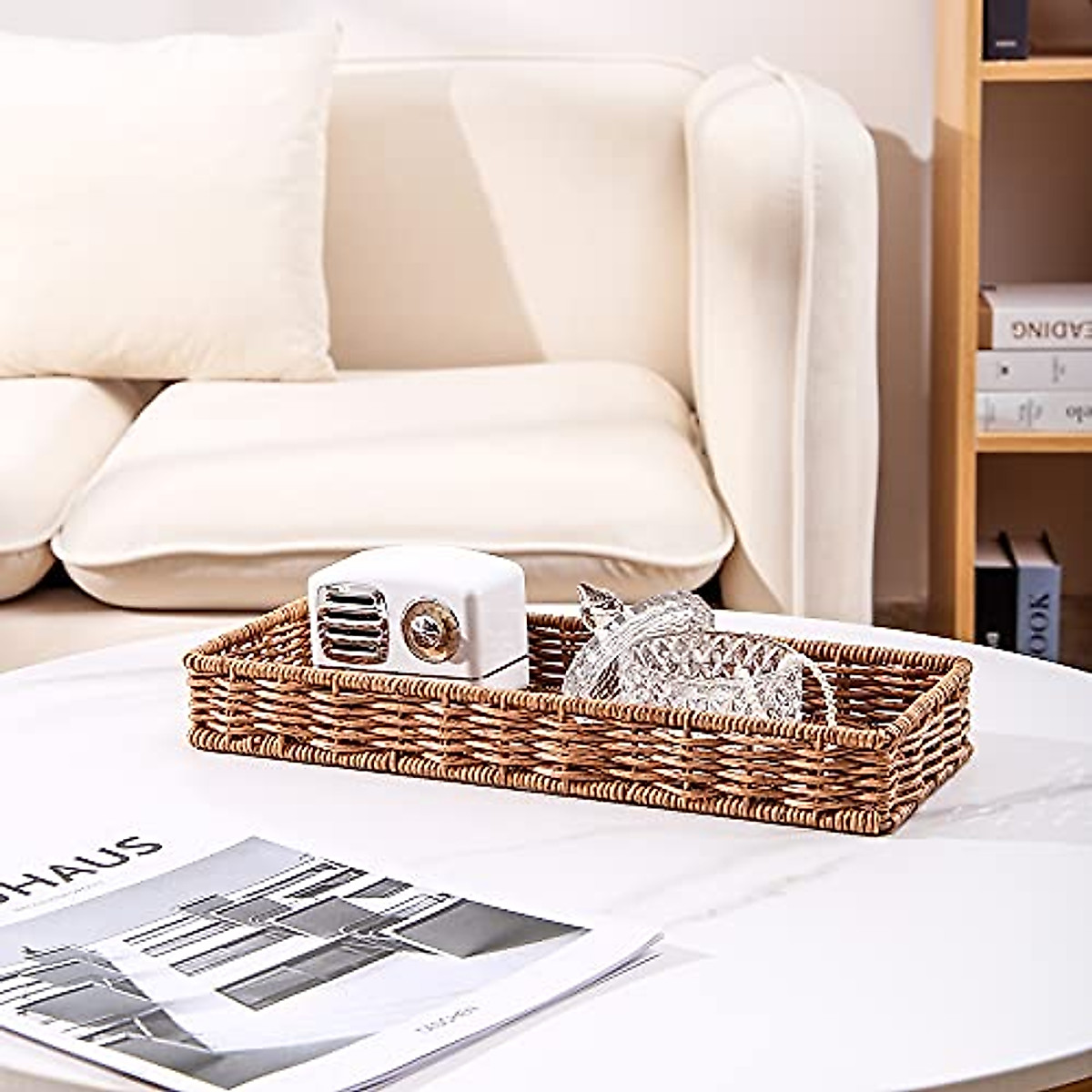 Rectangular Bathroom Tray, Guest Towel Napkin Holder, Imitated Rattan Toilet Tank Basket, Counter Organizers Storage Decorative Tray for Drinks Snack Fruit Home Decor (14'' x 5.3'' x 1.8'')