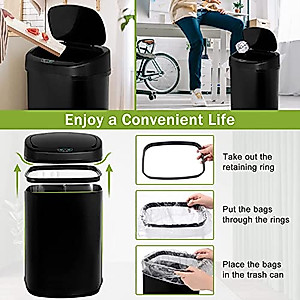 FFBag Kitchen Trash Can with Lid, 13 Gallon/50 Liter Automatic Sensor Touch Free Garbage Can Durable Touchless Stainless Steel Brushed Waste Bin for Bathroom Bedroom Home Office Black