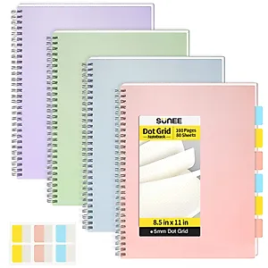 SUNEE Dotted Spiral Notebook - 4 Pack Large Bullet Journals 8.5 x 11 Inches 5 x 5mm Dot Grid Paper 80 Sheets/160 Pages - Journals for Study and Notes (pink, blue, green, purple)