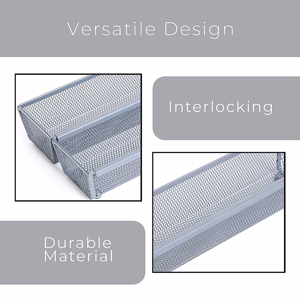 Smart Design Drawer Organizer - Set of 6 - Steel Metal Mesh - 9 x 3 Inch - Interlocking Arm Connection - Utensils, Flatware, Organization - Kitchen - Silver