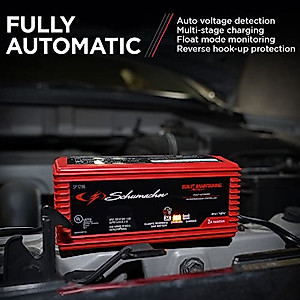Schumacher SP1296 Fully Automatic Battery Charger and Maintainer – 2 Amp, 6V/12V - For Car, Boat, and Power Sport Batteries