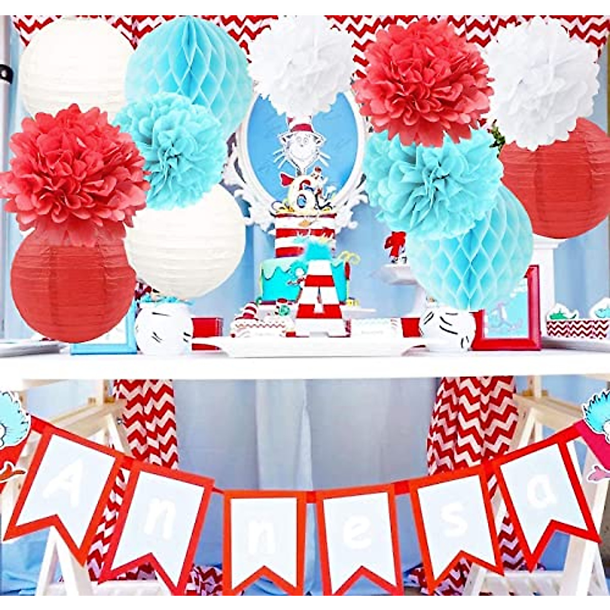 Dr. Seuss The Cat in The Hat Birthday Decorations/Thing 1 and Thing 2 Party Decorations/Dr. Seuss Baby Shower Decorations Blue White Red/Circus Carnival Party Decorations/2023 Nurse Graduation
