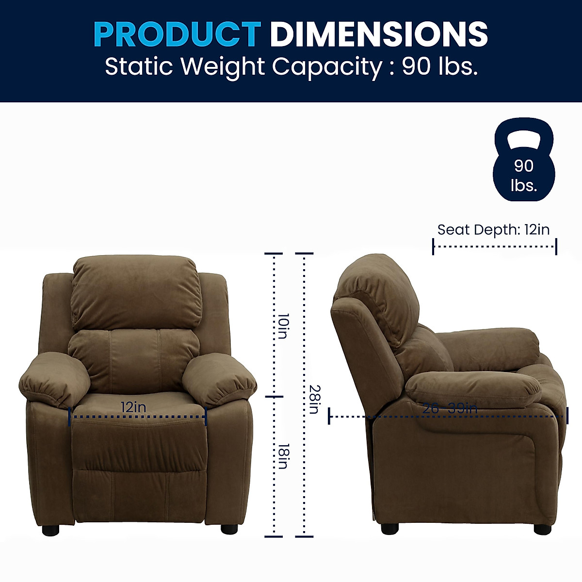 Flash Furniture Charlie Microfiber Kids Recliner with Flip-Up Storage Arms and Safety Recline, Contemporary Reclining Chair for Kids, Supports up to 90 lbs., Brown