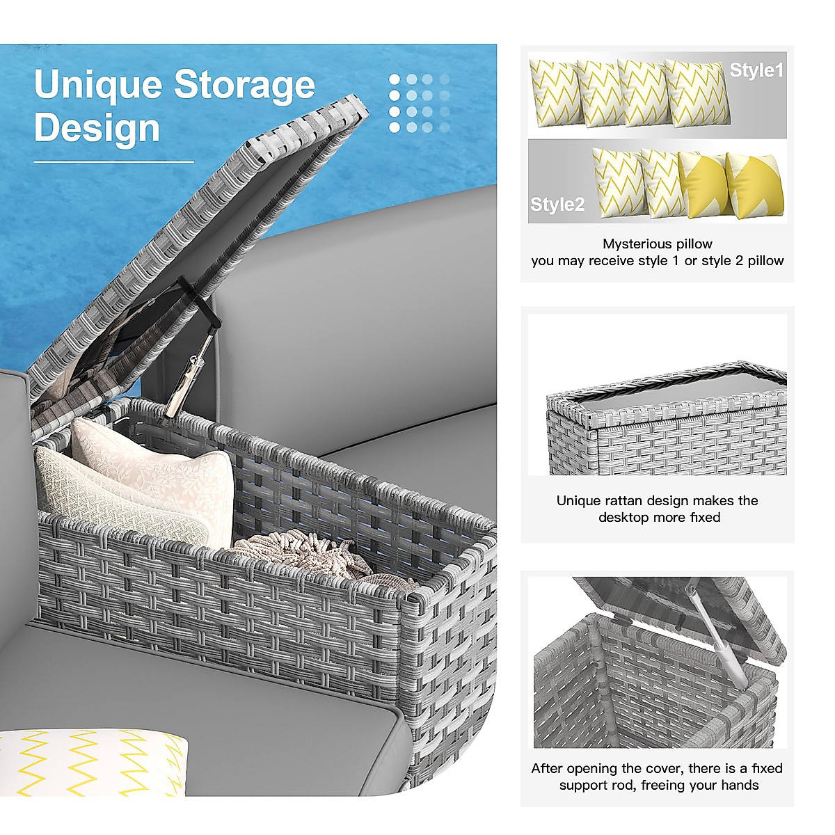 VONZOY Patio Sectional Furniture Outdoor 11-Piece Grey Rattan Curved Sofa Set with Storage Table,Pillows,Fit for Pool Backyard Balcony Porch Lawn(Grey)