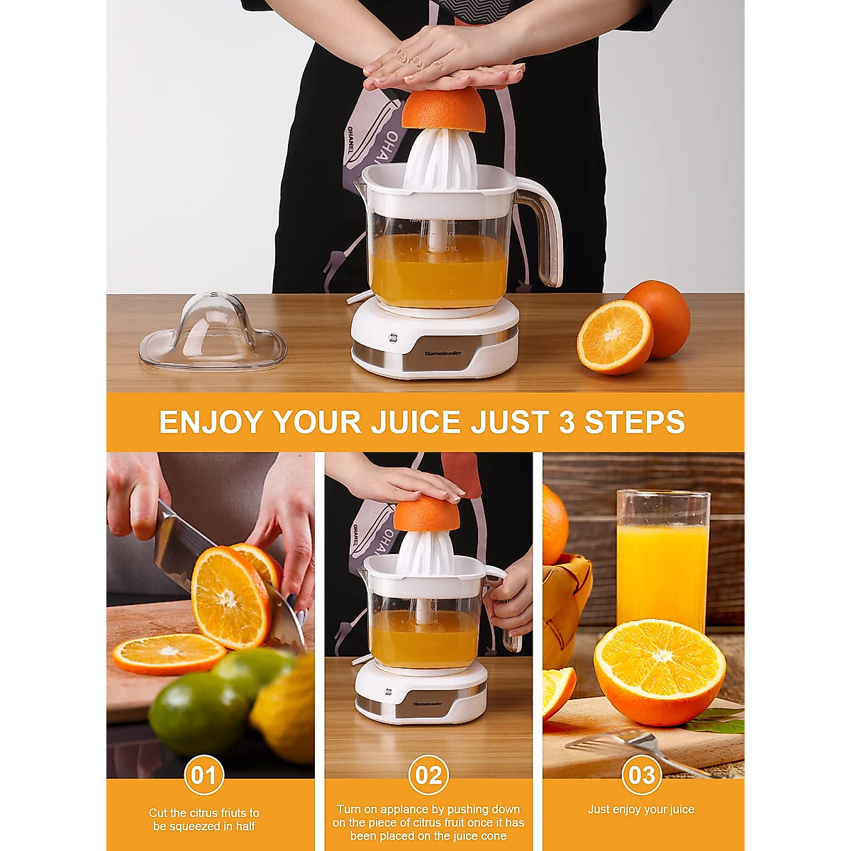 Homeleader Electric Citrus Juicer, Lemon Squeezer with Powerful Motor and LED Working Lamp, Orange Juicer for Grapefruits, Orange and Lemon-White, 1.2L