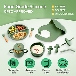SHGMEET Silicone Baby Feeding Set, Baby Feeding Essentials, Baby Suction Bowl, Plates, Bib, Spoons set, Baby Led Weaning Supplies to Develop Self-feeding Skills, Dishwasher Safe (Green)