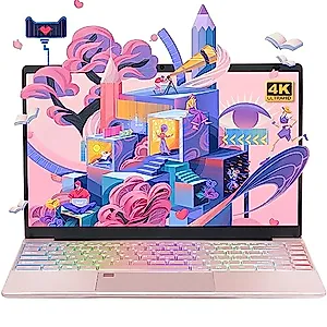 【Win 11 Pro/Office 2019】 4K Laptop 14" Narrow Bezel UHD (3840x2160) IPS Display, Celeron N5095 CPU, 16GB RAM, 512GB SSD, Color Backlit KB, Fingerprint Reader, WiFi, HDMI, Rose Gold(16G+512G)