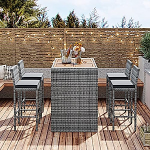 Quarte Modern 5-Piece Outdoor Patio Dining Set, Garden PE Rattan Wicker Bar Set, 4 Bar Height Chairs with Non-Slip Feet and Fixed Rope, Acacia Wood Table Top