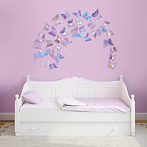 pinkblume Iridescent Purple Butterfly Decorations Stickers Lavender 3D Butterfies Wall Art Removable Wall Decals for Mermaid Pastel Home Living Room Baby Bedroom Showcase Nursery Decor (27PCS)