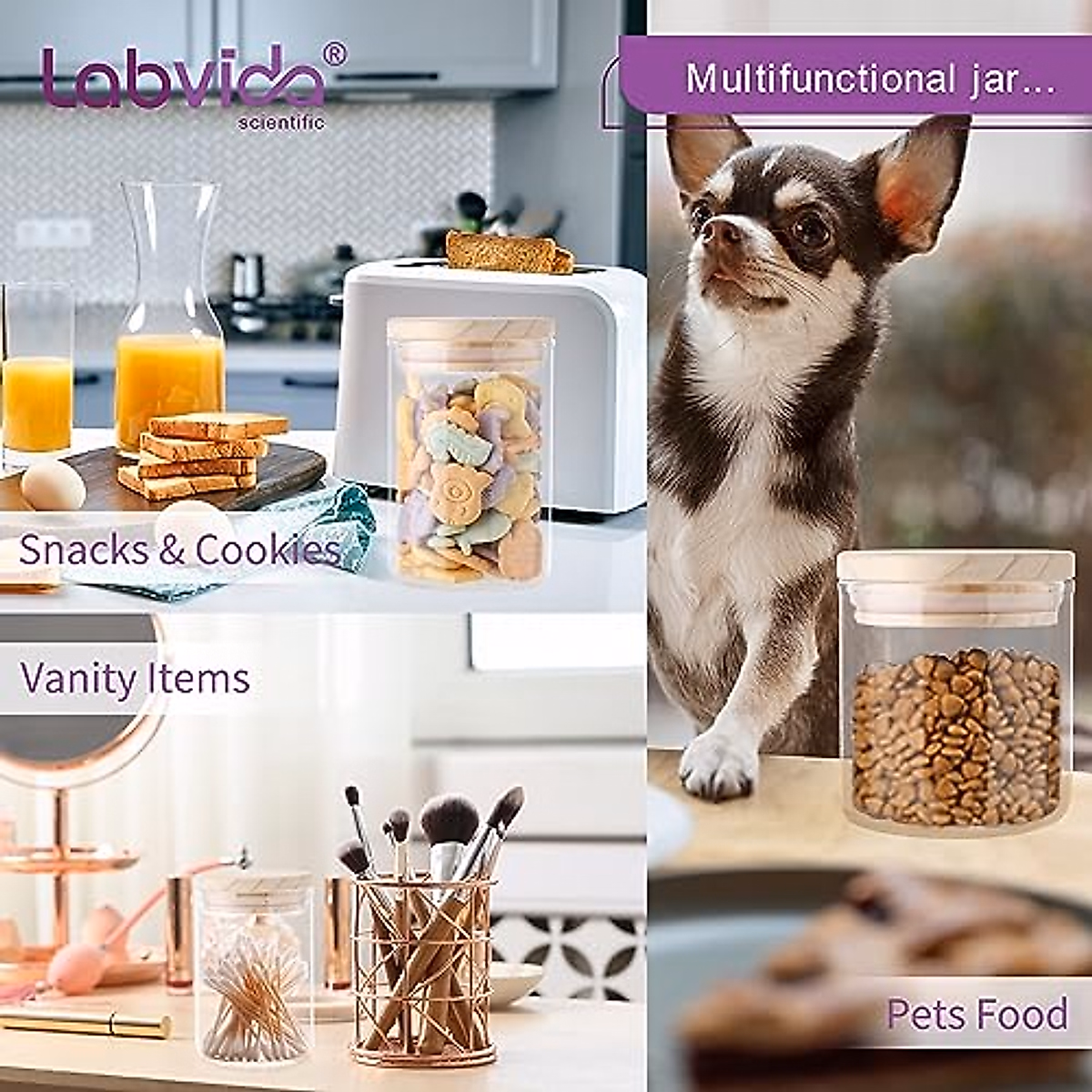 Labvida 4pcs Glass Food Storage Jars 21.3/47.7oz-2/2pcs Food Containers with Airtight Pine Lids, for Pasta, Cookies, Nuts, Coffee Beans, Cereal, Glass Canisters for Kitchen, Pantry,LVAG007