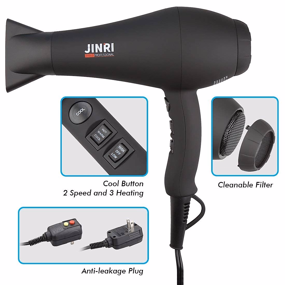 Hair Dryer 1875W, Negative Ionic Fast Dry Low Noise Blow Dryer, Professional Salon Hair Dryers with Diffuser, Concentrator, Styling Pik, 2 Speed and 3 Heat Settings (Bk)