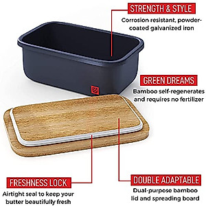 Farmhouse Butter Dish with Lid for Countertop - Butter Stick Holder Container with Freshness Seal - Bamboo Lid Cutting Board Butter Keeper - Butter Crock for Counter - Covered Butter Dish - Gray -23oz