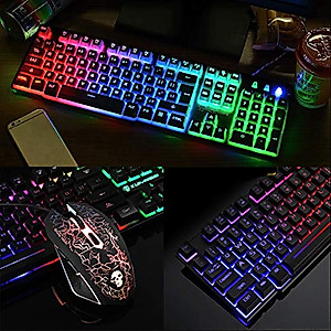 Sdoveb Gaming Keyboard Mouse and Mouse pad Combo, Rainbow LED Backlit Keyboard Mouse, for Windows XP, Vista 7/8/10, OSX Systems (Black)