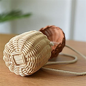 QXPDD Acorn-shaped Storage Basket Hand-woven Round Rattan Bag Bucket Bag Beach Style Woven Shoulder Bag Photo Props Handbag