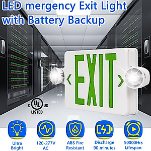 Green LED Exit Sign Emergency Lights with 2 Adjustable Head Lights, Green Letter Emergency Exit Lighting With Battery backup, US Standard Double Sided ABS Fire Resistant UL 924 AC 120/277V (12-Pack)