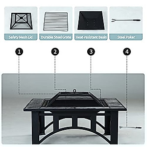 Grand Patio 33" Fire Pits for Outside Square Marble Tile Firepits Includes Steel Fire Poker and Mesh Lid, for Garden,Backyard,Camping