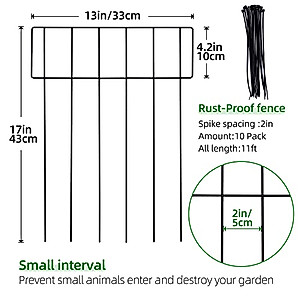 10 Pack Animal Barrier Fence,17 Inch(H) X 10 Ft(L) No Dig Fencing Decorative Garden Fence, Rustproof Metal Wire Garden Fence Border, Dog Rabbits Ground Stakes Defence for Outdoor Landscaped Yard.