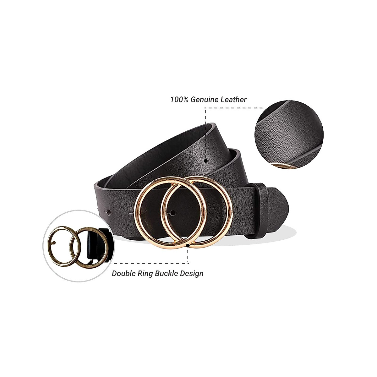 Patrica Fiore Fashion Leather Belt For Women - Design in Italy Double Buckle Belt Leather(M), Black