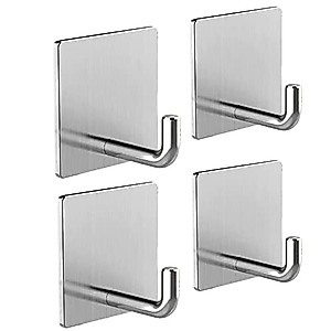Multifunctional Hook Kitchen Hook Adhesive Hooks Duty Stick on Wall Hooks Towel Hooks Door Hooks Waterproof Stainless Steel Adhesive Holders Bathroom Adhesive Hook (Silver-4pack)