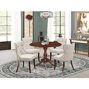 East West Furniture DMSI5-MAH-35 5 Piece Dinette Set for 4 Includes a Round Dining Room Table with Dropleaf and 4 Doeskin Linen Fabric Upholstered Parson Chairs, 42x42 Inch, Mahogany