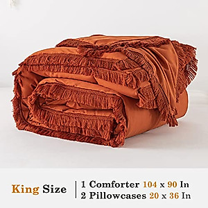 Andency Terracotta Comforter Set King, 3 Pieces Burnt Orange Boho Tassel Lightweight Bedding Comforter Sets, All Season Rust Soft Fluffy Fringe Bed Set (104x90In Comforter & 2 Pillowcases)