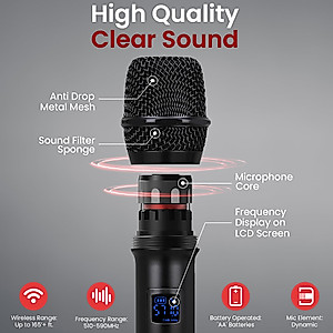Pyle UHF Wireless Microphone System - Portable Digital Audio Sound Mixer Receiver w/Bluetooth, 2 Handheld Mic, Receiver Base, Addressable Frequency, Great for Home Karaoke & Professional Use, Black