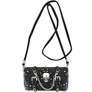 Punk Gothic Chain Skull Studded Women Wristlet Trifold Wallet Black