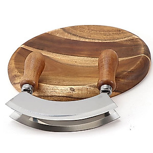 Mezzaluna Knife and Round Cutting Board - Double Blade Chopping Knife Pizza Cutter Rocker Knife Mezzaluna With Wood Cutting Board Salad Chopper Mincing Knife Stainless Steel